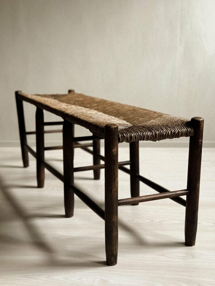 A Mid-Century Oak Rush Bench, In style of Charlotte Perriand, France, c ...